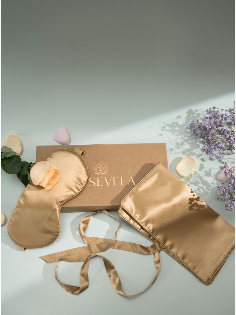 Experience Luxury with DreamVeil Sleep Mask & Silk Pouch in Olive Green ...